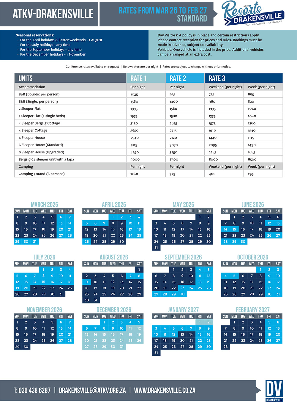 Tariffs | ATKV Drakensville